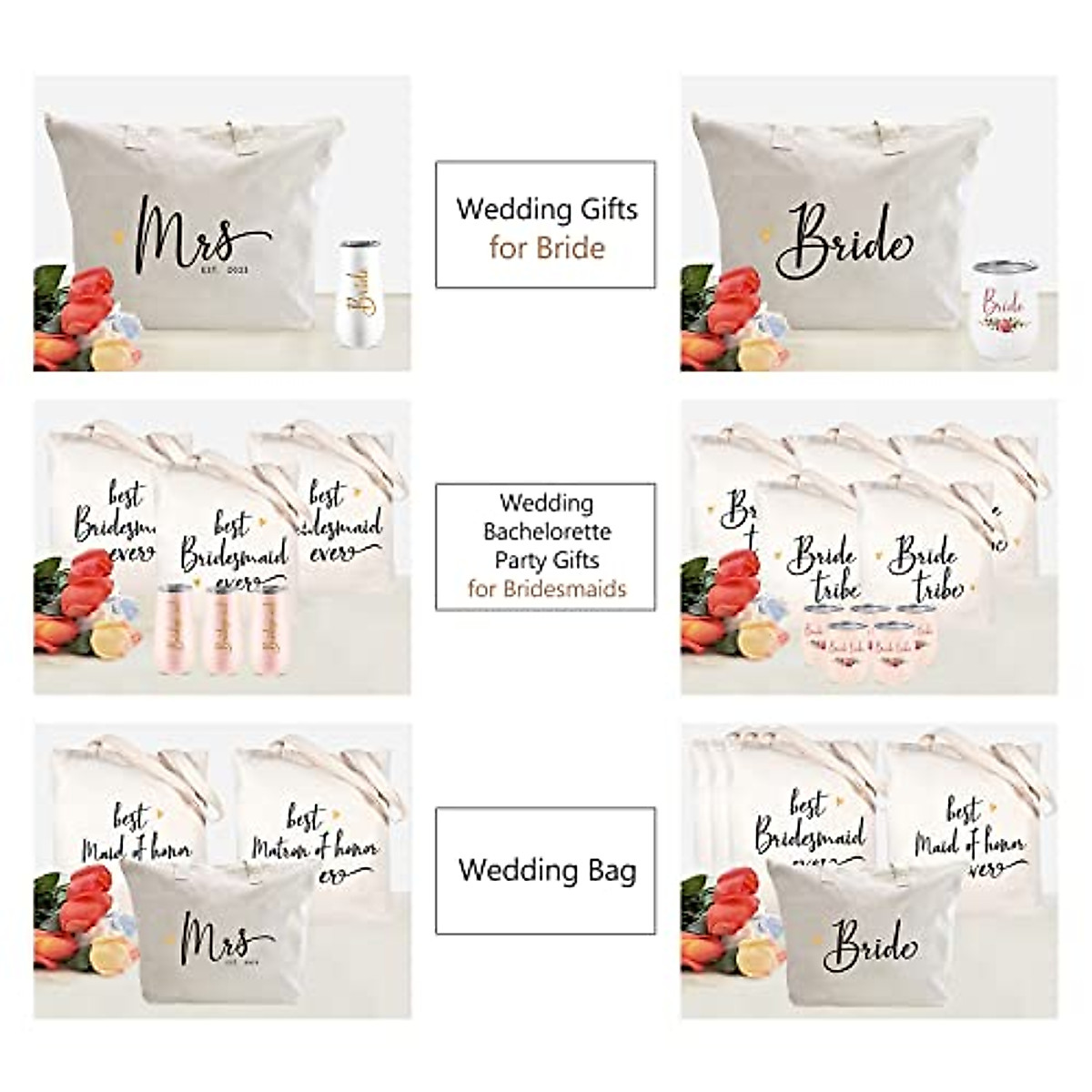 CARAKNOTS Bridesmaid Gifts Maid of Honor Bag Canvas Bridesmaid Bags Wedding Bridal Shower gifts Bachelorette Party Gifts for Bridesmaid Tote Bag with Pocket Cotton