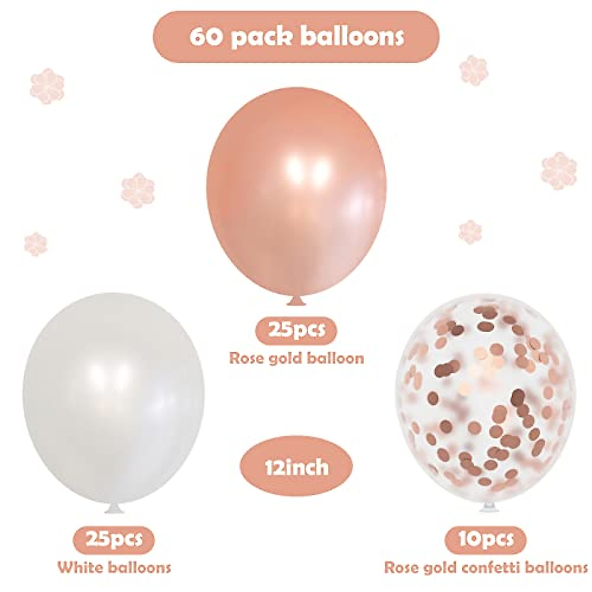 Rose Gold and White Balloons, 60pcs Rose Gold Confetti Balloons White Balloons for Baby Shower, Birthday Party Decoration