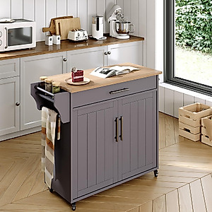 Pingliang Home 41" Kitchen Storage Island, Wooden Rolling Kitchen Island On Wheels with Countertop, Mobile Kitchen Island Cart with Towel Rack, Spice Rack and Drawers, Grey