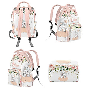 Cute Pink Elephant Girl Floral Personalized Diaper Backpack with Name,Custom Travel DayPack for Nappy Mommy Nursing Baby Bag One Size