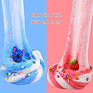 2 Pack Cloud Slime Kit with Blue and Cherry Charms, Scented DIY Slime Supplies for Girls and Boys, Party Favors Stress Relief Slime Toys for Kids Education Birthday Gift.