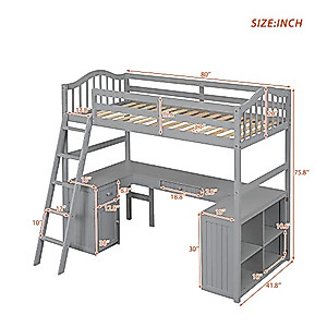 GJHOME Kids Loft Bed with Desk and Drawers, Wooden Twin Loft Bed with Storage Shelves and Angled Ladder, High Loft Bed Frame for Kids, Teens, Adults Boys & Girls, Gray