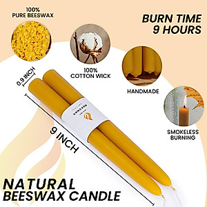 Aglary 16PCS Beeswax Taper Candles, 9" Handmade Natural Candles, Dripless and Smokeless，9 Hour Burn Time