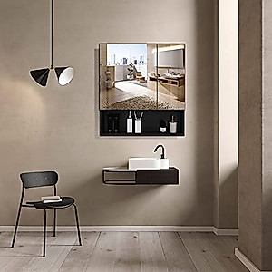 prosfalt 28x24in Mirror Medicine Cabinets with Double Doors, Space Aluminum Wall Mounted Storage Cabinets for Bathroom, Waterproof and Rust-Resist, Recess or Surface Mount - Black,353653765