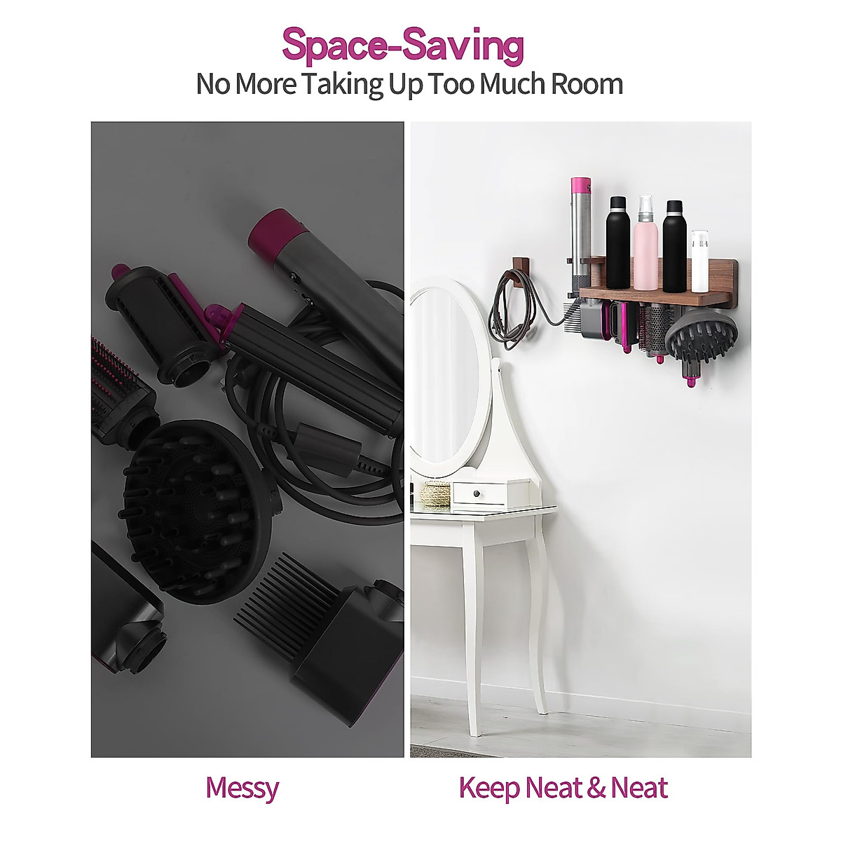 Affogato Walnut Storage Holder Compatible with Dyson Airwrap Wall Mount Holder with Shelf Organizer Rack Compatible with Dyson Airwrap Styler Accessories, Wood