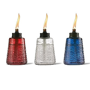 TIKI, Brand Molded Glass, Decorative Table Top Torch for Outdoor Lawn, Patio, and Garden White & Blue (Set of 3), 1117213, Red, White and Blue