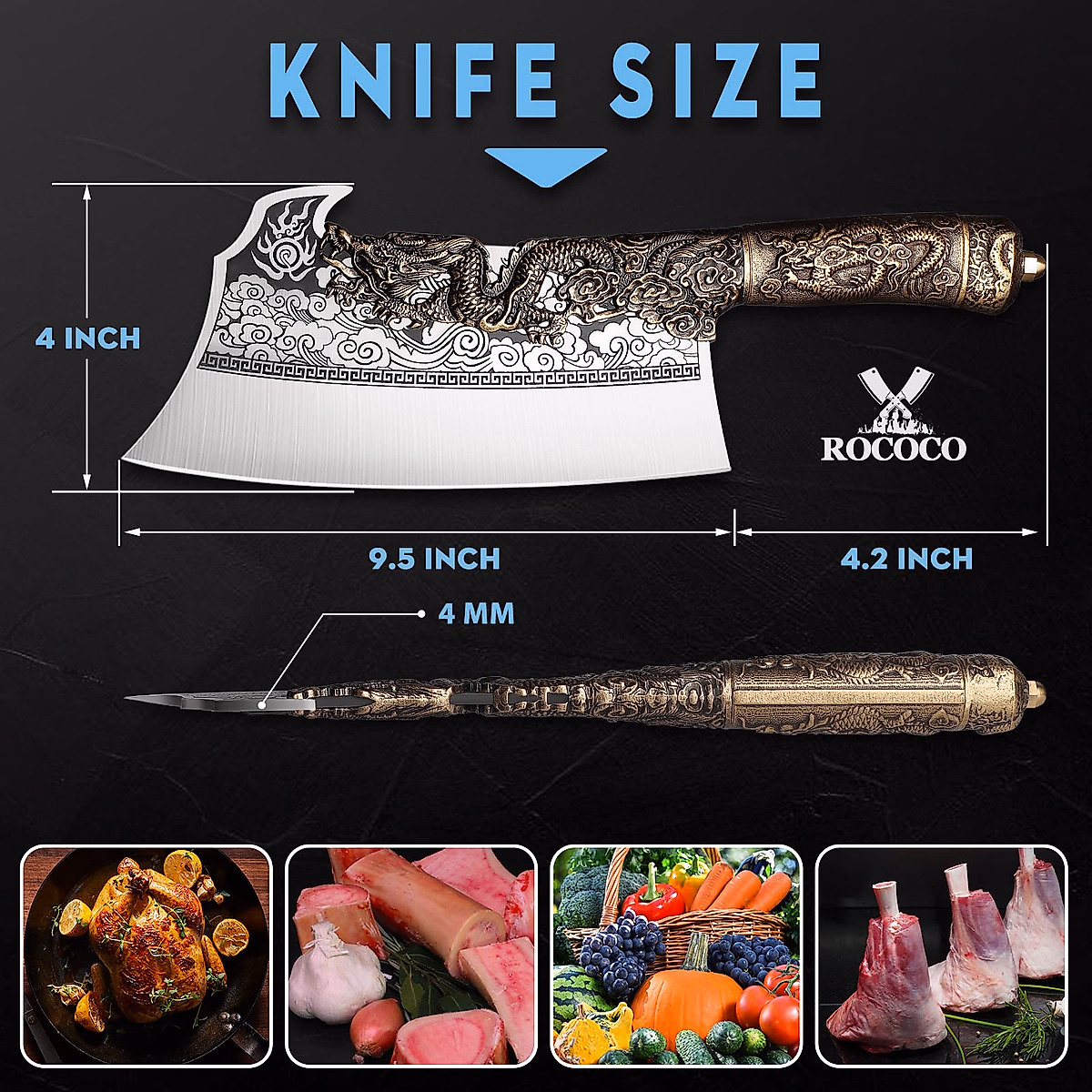 ROCOCO 2lb Dragon Butcher Knife Heavey Duty Cleaver Knife for Meat Bone Cutting 9.5" Cool Big Viking Camping Chopper Cutter with Sheath Birthday Thanksgiving Christmas Gift Idea Men