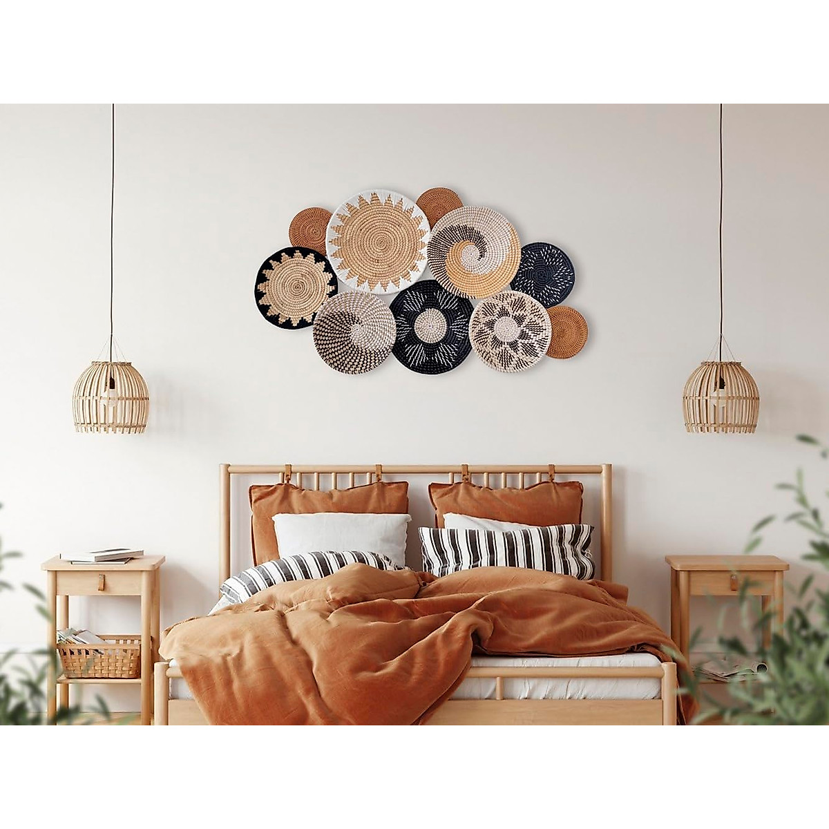 ChumDecor Set of 10 Handcrafted Boho Wall Basket Decor, Wall Hanging Baskets, Decorative Plates for Wall, Handmade from Vietnam Unique Wicker Wall Art Decor