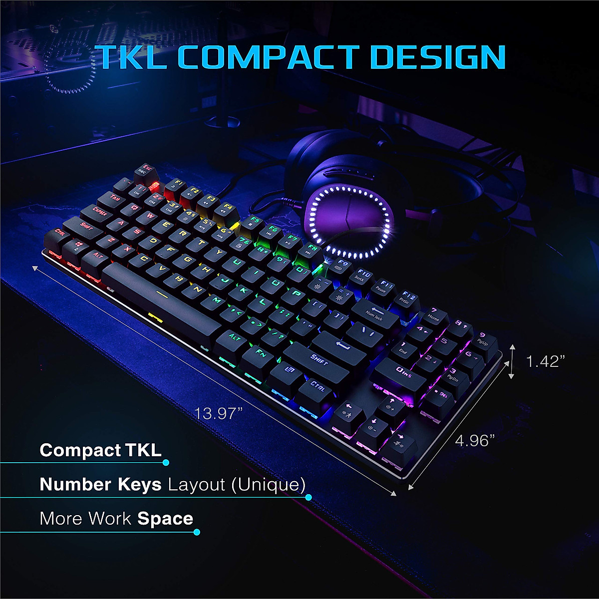 SHAVA TKL Mechanical Gaming Keyboard, Special 89 Keys Layout Keyboard with Numeric Keys, 100% Anti-Ghosting, RGB LED Rainbow Backlit, Tenkeyless Keyboard for Windows PC/Mac Games (Blue Switch)