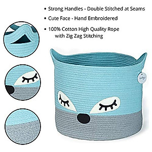 Woven Baby Basket for Nursery - Cute Blue Fox Baby Laundry Basket for Blankets, Stuffed Animal Toy Basket Storage with Handles, Large Decorative Baby Hamper Basket for Organizing Baby Shower