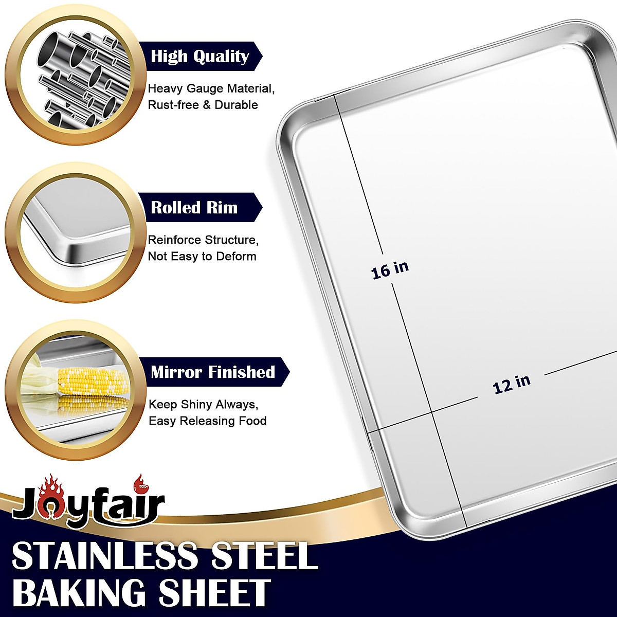 4Pcs Baking Sheet Pan with Rack Set, Joyfair Stainless Steel Oven Rectangular Pans Tray & Cooling Racks for Cookie/Jelly Roll/Bacon, Commercial Metal & Rust-free, Dishwasher Safe (16 Inch)