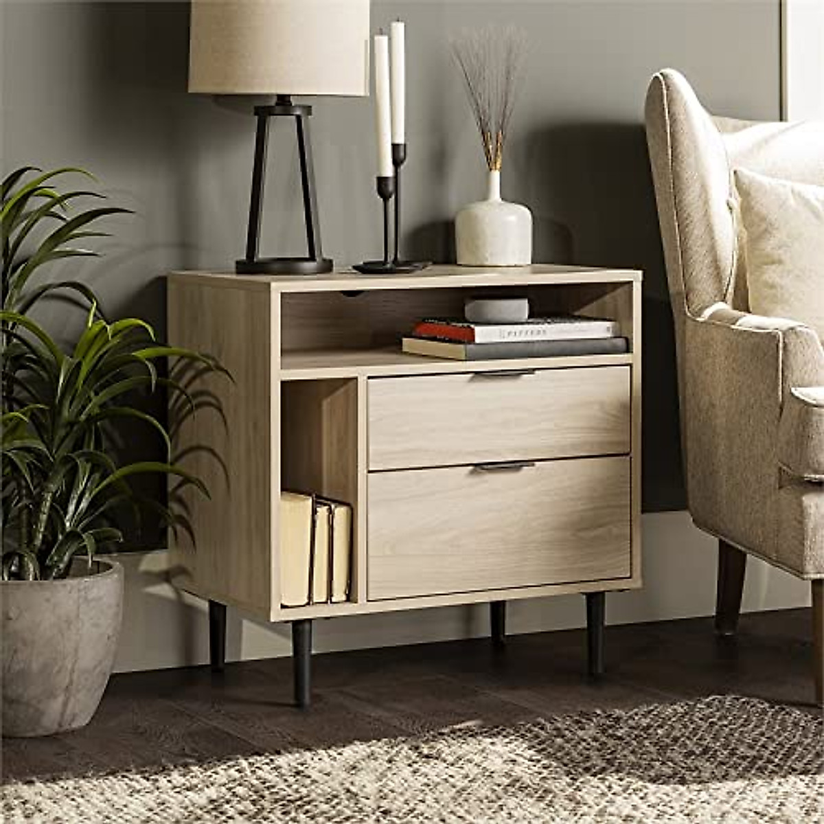 Walker Edison Modern Wood Nightstand Side Table Bedroom Storage Drawer and Shelf Bedside End Table, 25 Inch, Birch