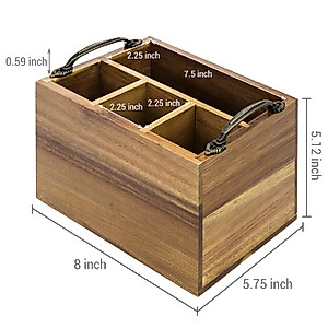 MyGift Premium Acacia Wood Dining Napkin Holder and Utensil Holder Buffet Caddy, Kitchen Flatware and Napkin Storage Organizer with Vintage Metal Handles