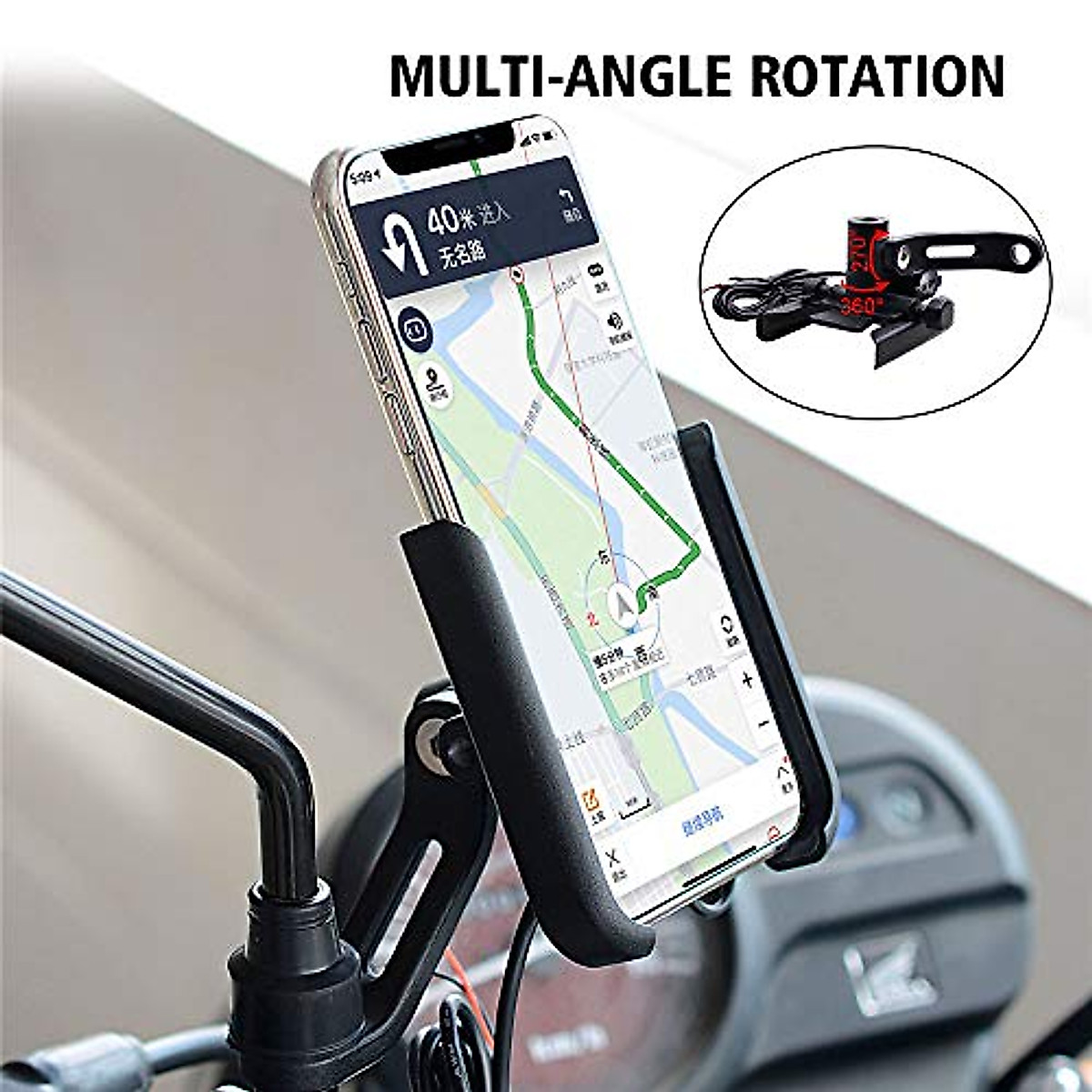 ZJDU Universal Premium Bike Phone Mount for Motorcycle - USB Phone Charger Holder Handlebar/Rear-View Mirror Cellphone Mount,360 Rotation,for 4.0-6.5" Inch Smartphones,Black b