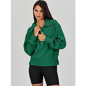 Caracilia Womens Cropped Sweatshirts Quarter Zip Pullover Half Zip Hoodies Long Sleeve Fleece 2023 Fall Casual Ribbed Knit Outfits Sweater Preppy Clothes C105A0-caolv-M Green