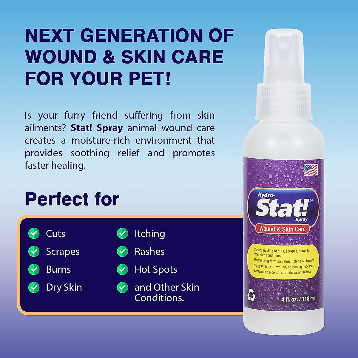 Stat! Spray Pet Wound & Skin Care | First-Aid Treatment for Dogs, Cats, Horses | Natural Plant Based Ingredients | Speeds Healing of Cuts, Burns, Hot Spots, Skin Allergies | Soothing Anti-Itch Formula