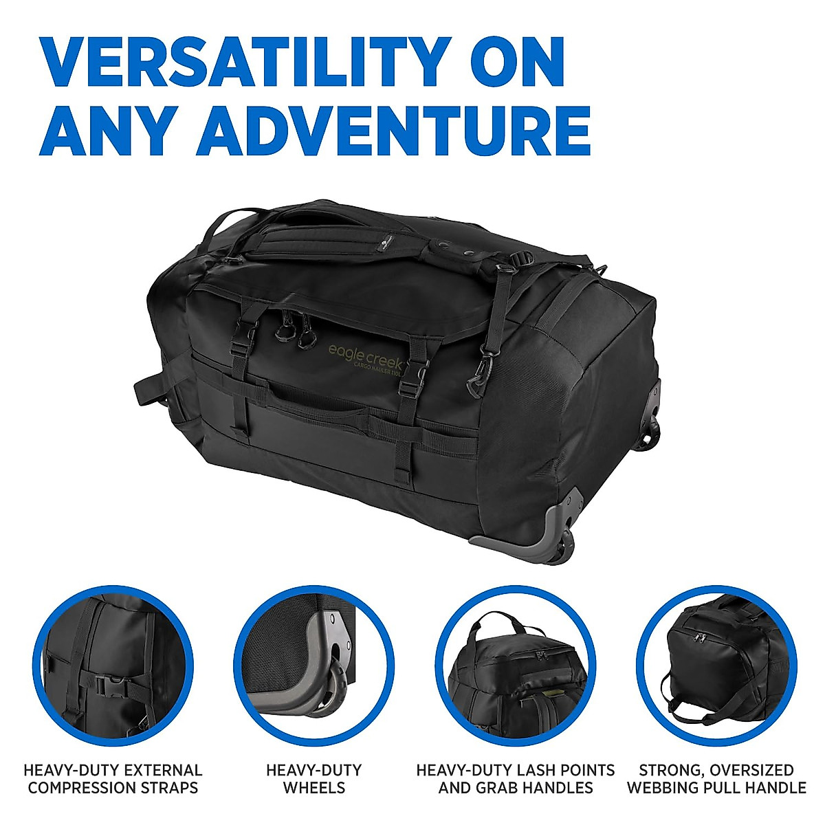 Eagle Creek Cargo Hauler 110L Rolling Duffle Bag with Wheels and Handle, Tuck-Away Backpack Straps, Easy-Access End Pocket & U-Lid Main Compartment, Jet Black