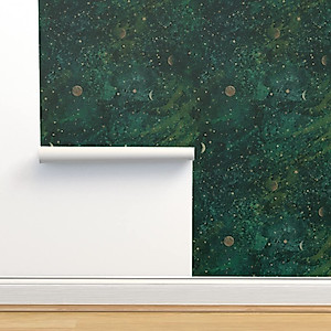Removable Wallpaper 9ft x 2ft - Dark Green Moon Stars Bohemian Star Night Celestial Custom Pre-Pasted Wallpaper by Spoonflower