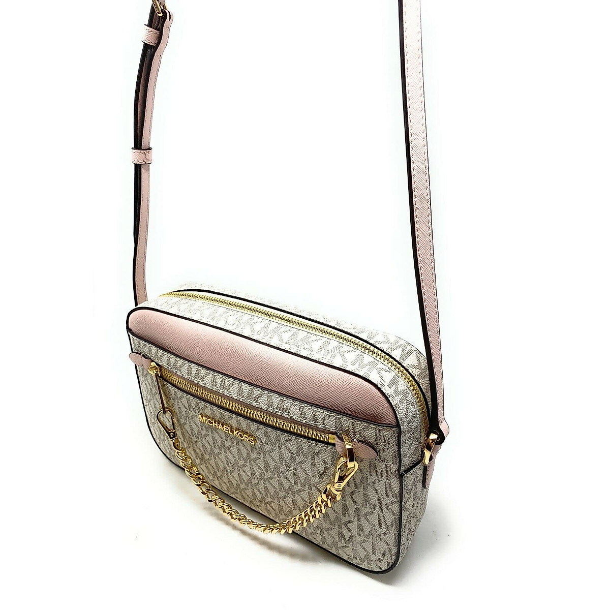 Michael Kors Jet Set Saffiano Leather Crossbody Bag (Vanilla Sig Powder Blush)