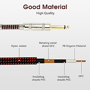 OTraki Electric Guitar Cable 10ft 2 Pack 1/4 Inch TS Instrument Cable Pack Straight to Right Angle Bass Amp Guitar Cord 3 Meter for Keyboard Woven Tweed with 6.35mm Gold Plated Plug Red + Green