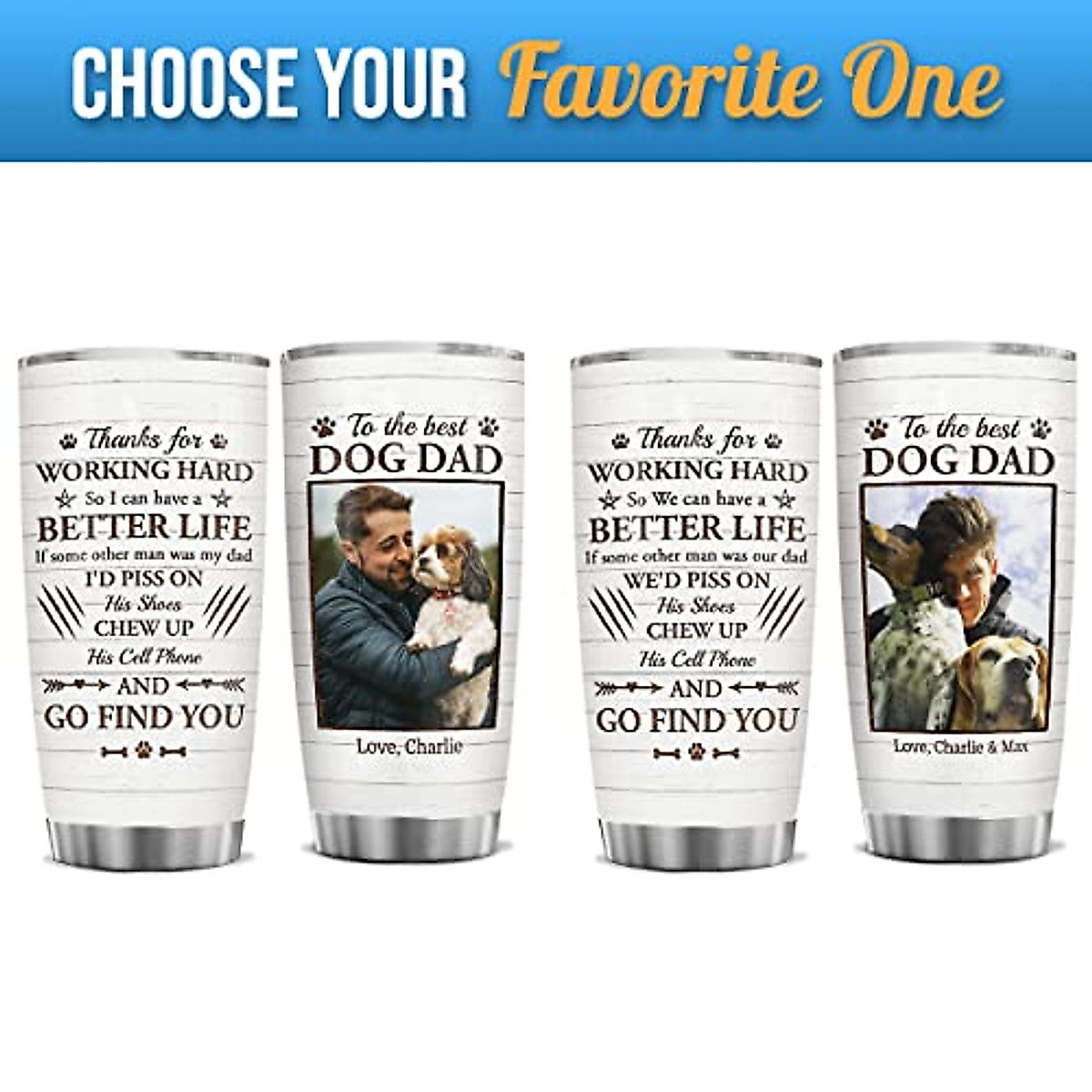Leoniverse Personalized Dog Dad Tumbler with Photo Picture Stainless Steel Tumblers Coffee Travel Mug Cup 20oz 30oz With Lid Birthday Christmas Fathers Day Custom Gifts For Dogs Lovers