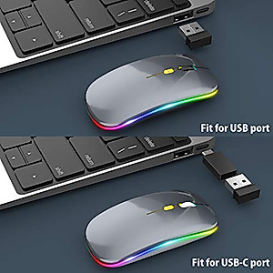 【Upgrade】 LED Wireless Mouse, Slim Silent Mouse 2.4G Portable Mobile Optical Office Mouse with USB & Type-c Receiver, 3 Adjustable DPI Levels for Notebook, PC, Laptop, Computer, MacBook (Grey)