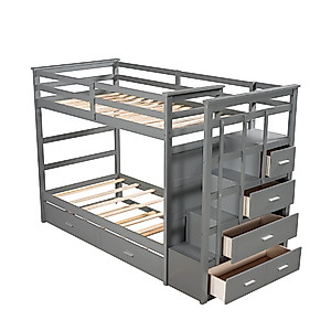 P PURLOVE Twin Over Twin Bunk Bed with Twin Size Trundle,Wood Bunk Bed Twin Size with Staircase,Kids Bunk Bed with Storage Drawers for Boys Girls Teens