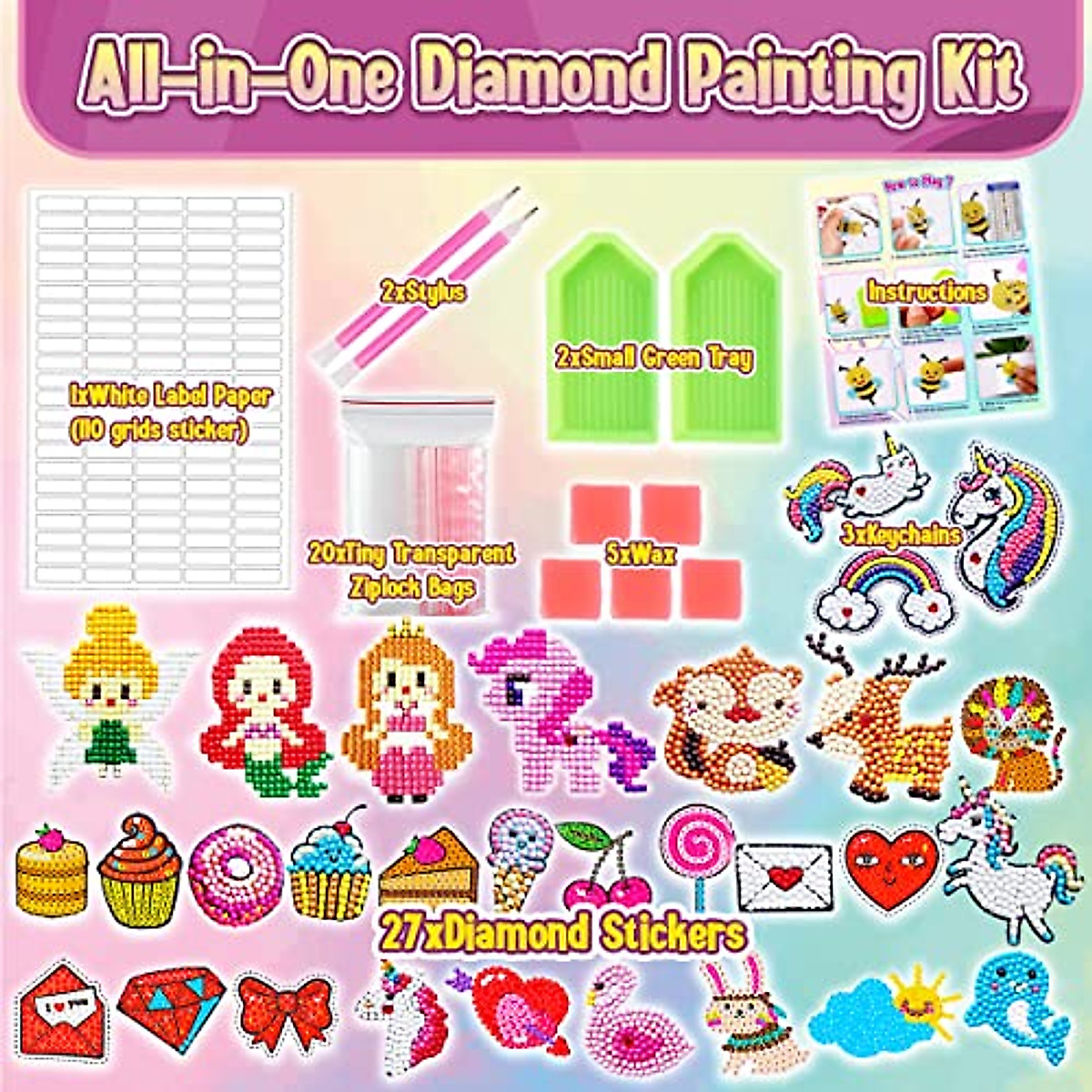 Innofans DIY Stickers for Kids - Craft Gifts for Mom, Unicorn Big Gem Diamond Painting Kit with 27 Cute Water Bottle Stickers & 3 Keychains, Kids Crafts, Unicorn Toys, Crafts for Girls Age 4-8, 8-12