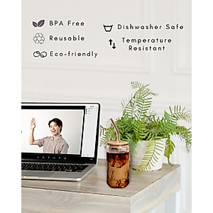 4 Pack Crystal Clear Beer Glass Can with Bamboo Lids Glass Straw and Brush Cleaner- Reusable Eco Friendly Heat and Cold Resistant Glass, Cocktail, Tumbler, Beer Glass