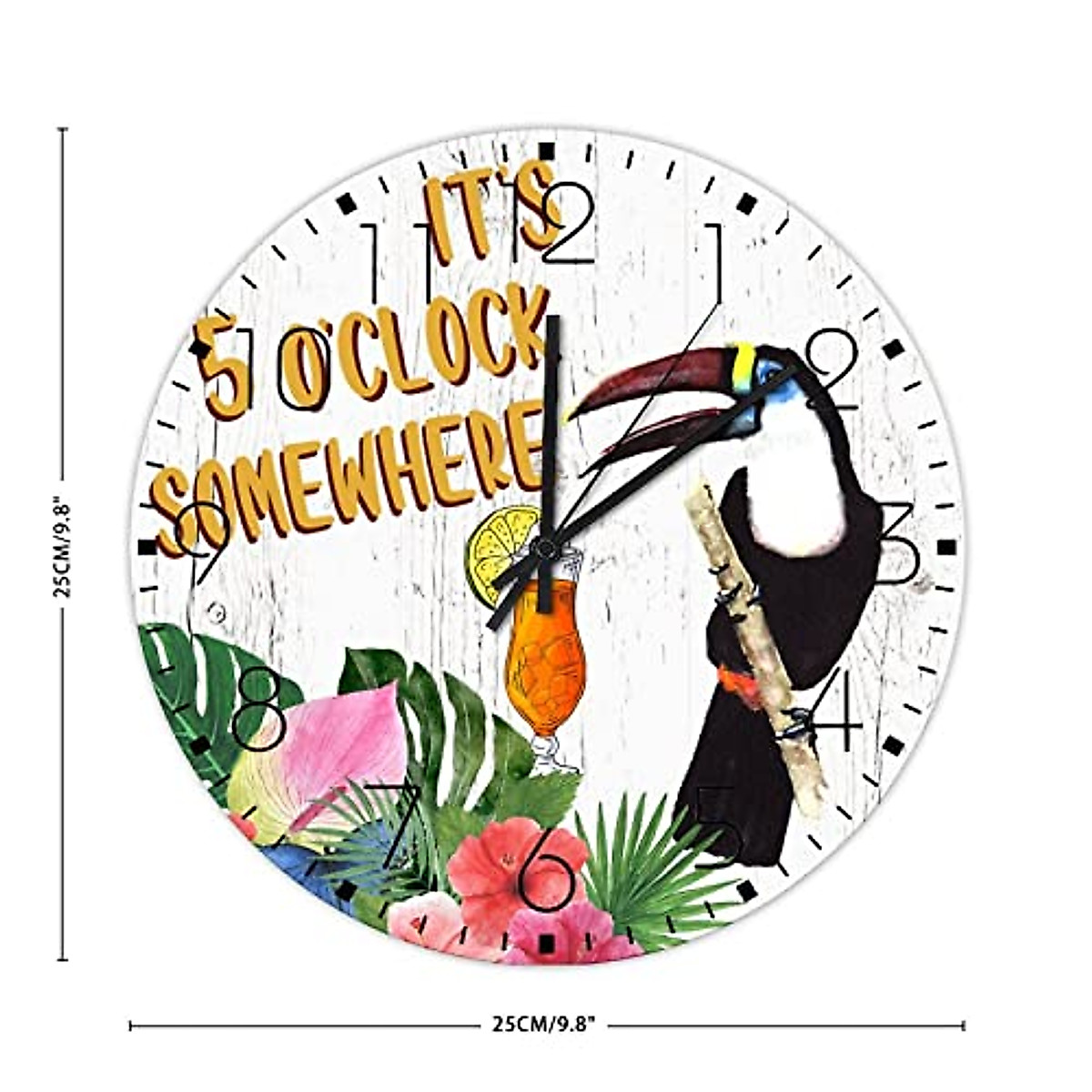 Autravelco Wooden Wall Clock Round Silent Non-Ticking It's Five O'clock Somewhere Beautiful Wall Clocks Tiki Bar Pool Hot Tub Luau Wooden Wall Decor for Nursery Patio Cabin 10 Inch