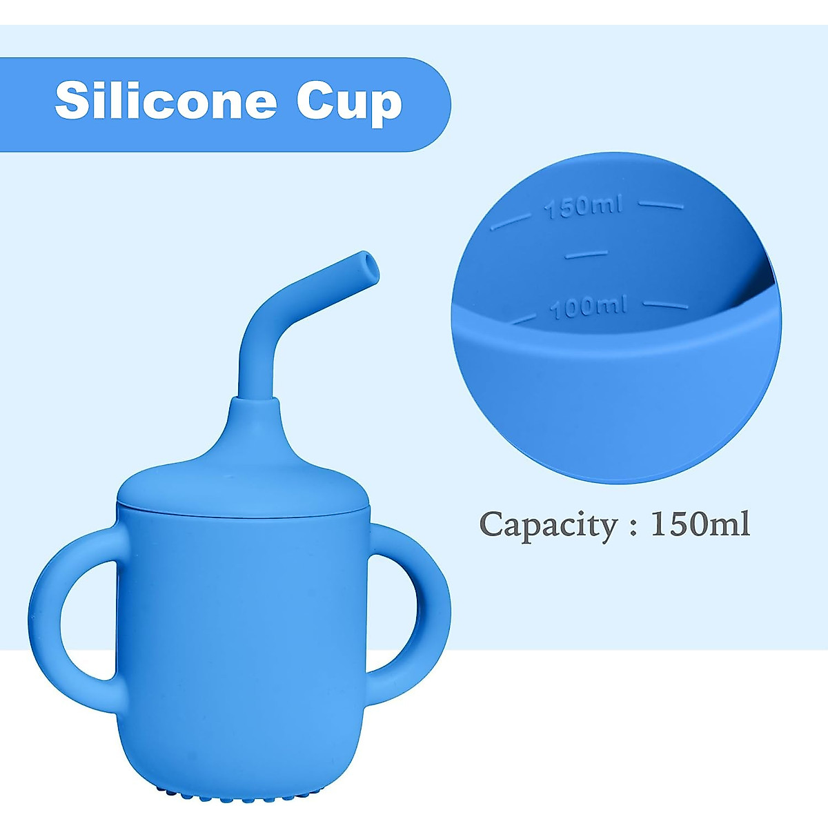 7 Pieces Silicone Baby Feeding Set, Food-Grade Astronaut Theme, Suction Plate and Bowl for Baby, Spoon, Fork, Bib, Cup, Straws, Baby Feeding Essentials for 6+ Months (Blue)