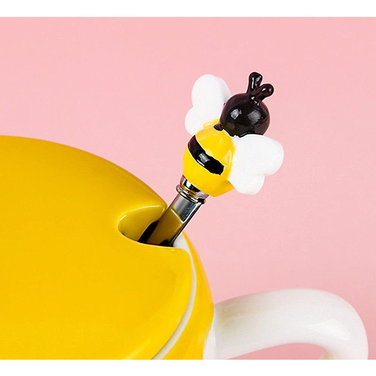 Mozacona Embossed Ceramic Honey Jar Coffee Mug with Lid and Bee Spoon