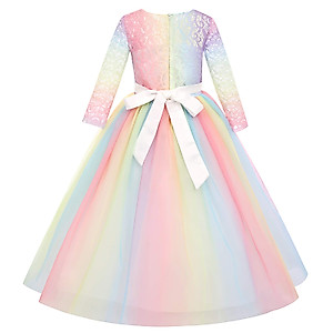 Baby Girls 3/4 Sleeve Floral Lace Tulle First Communion Pageant Holiday Dresses Kids Big Girls Princess Birthday Carnival Christmas Baptism Christening Birthday Prom Ball Gown Rainbow-White 7-8 Years