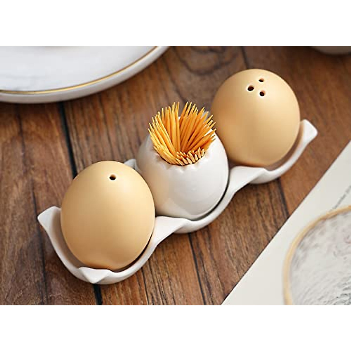 Egg-Shaped Ceramic Spice Shaker Seasoning Dispenser Flavor Ware Toothpick Jar Bottle With Holes, Porcelain Cruets Salt and Pepper Powder Tank with Tray for Barbecue Restaurant Kitchen Household Gift