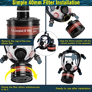Gas Mask, Full Face Respirator Mask with 40mm Carbon Activated Charcoal Filter Canister - Reusable Large Survival and Chemical Masks for Welding, Vapors, Industrial, Painting, Spray, Polishing