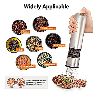 Electric Salt and Pepper Grinder Set - Automatic, Refillable, Battery Operated Stainless Steel Pepper Mill and Salt Grinder with Light - One Handed Push Button Salt and Pepper Shakers