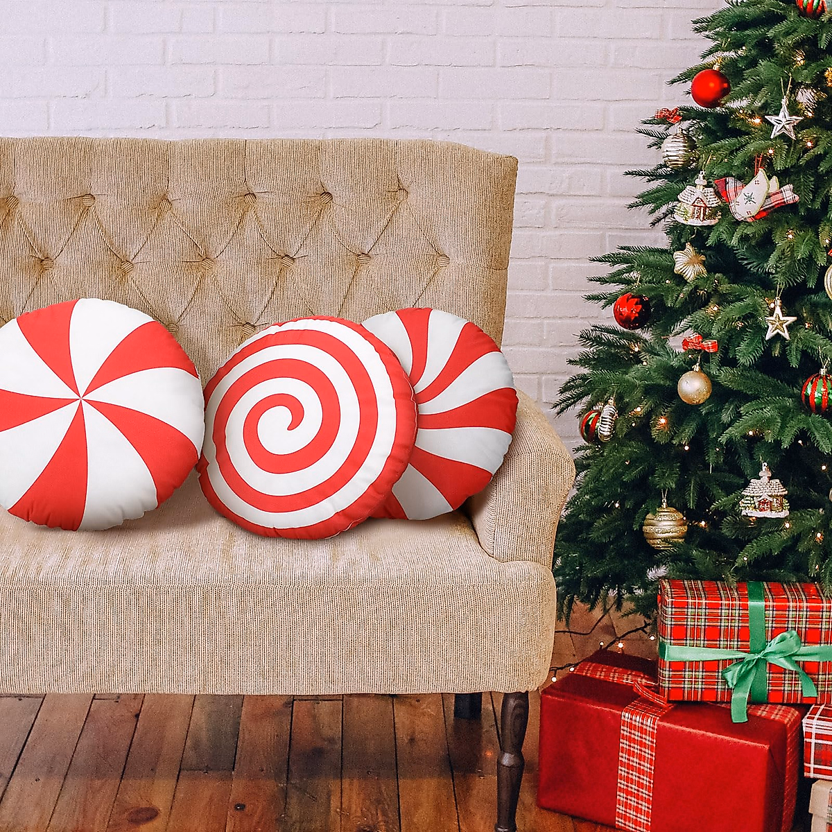 Kigley 3 Pcs Christmas Candy Cane Throw Pillow Red White Peppermint Round Spiral Lollipop Pillow Xmas Home Gift Set for Bedroom Bed Sofa Bench Couch Chair Cushion Holiday Decoration, 13.8 Inch