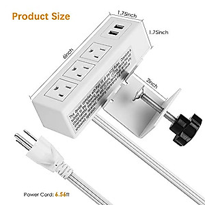 Desk Clamp Power Strip, Desktop Power Outlet Clamp Mount with 2 USB Ports, 3 AC Outlets, Mountable Desk Outlet Removable Power Plugs with 6.56ft Power Cord (3AC2USB-White)