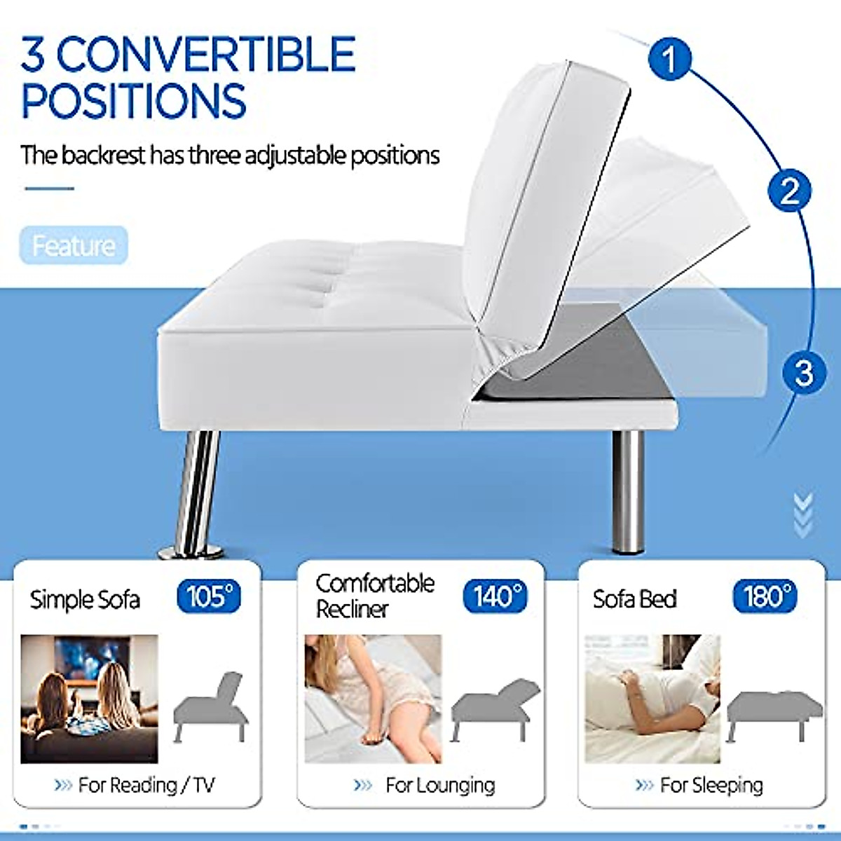 Topeakmart Convertible Sofa Bed Tufted Faux Leather Couch Bed with Chrome Metal Legs Adjustable Backrest Easily Converts to Recliner and Bed Comfortable Sofa for Living Room/Bed Room/Apartment,White