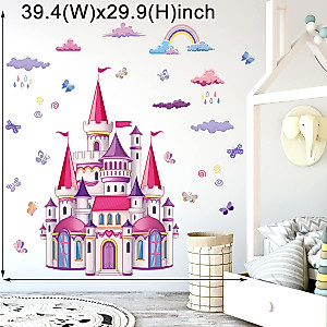 Pinenjoy Cartoon Castle Wall Decal Colorful Rainbow Clouds Butterfly Wall Stickers 39x30inch Fantasy Removable Self-Adhesive Vinyl Wall Clings for DIY Girls Bedroom Nursery Classroom Living Room