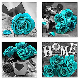 Byllyaz Teal Rose Wall Art Canvas Blue 4 Pieces for Living Room Decor Contemporary Turquoise Blossom Flowers Prints Pictures Artwork Kitchen Office Wall Decor Ready to Hang 16x16