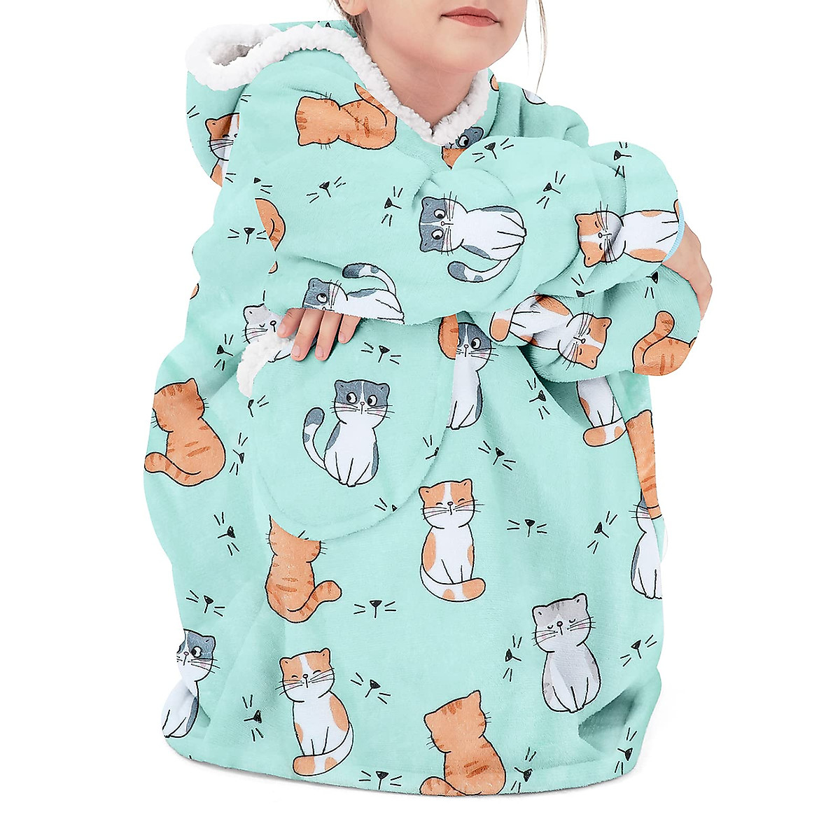 American Trends Blanket Hoodie for Girls Wearable Blanket for Kids Oversized Hoodie Sherpa Hooded Sweatshirt Kitty