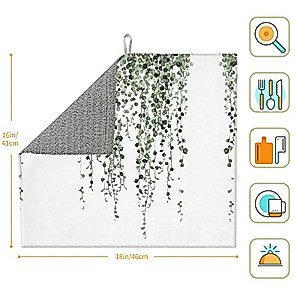 Green Plants Printed Drying Mat For Kitchen Ultra Absorbent Microfiber Dishes Drainer Mats Non-Slip Silicone Quick Dry Pad - 18 X 16inch