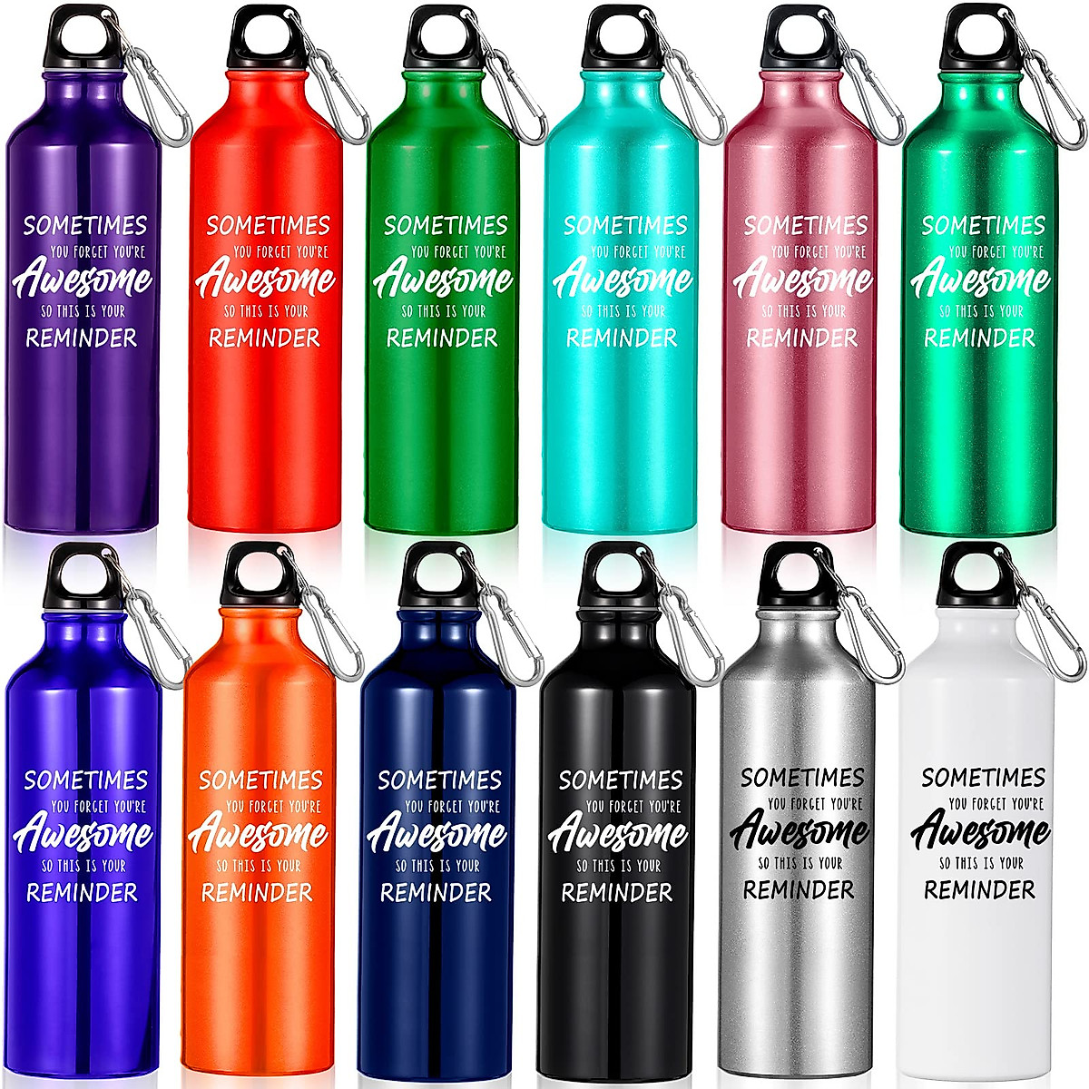 Hoolerry 12 Pack Multi Color Aluminum Water Bottle Sometimes You Forget You're Awesome Lightweight Reusable Bike Backpacking Water Bottles Bulk with Buckle and Twist Cap for Travel Sport(25 Oz)