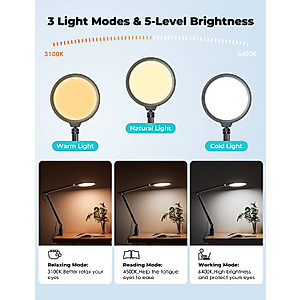 Viozon LED Desk Lamp with Clamp, Swing Arm,7'',Eye-Caring,Dimmable 3 Color Modes & 5 Brightness,Height,Angle Adjustable, Aluminum Alloy, USB Charging&Memory Function for Home Office,Read,Work,Study