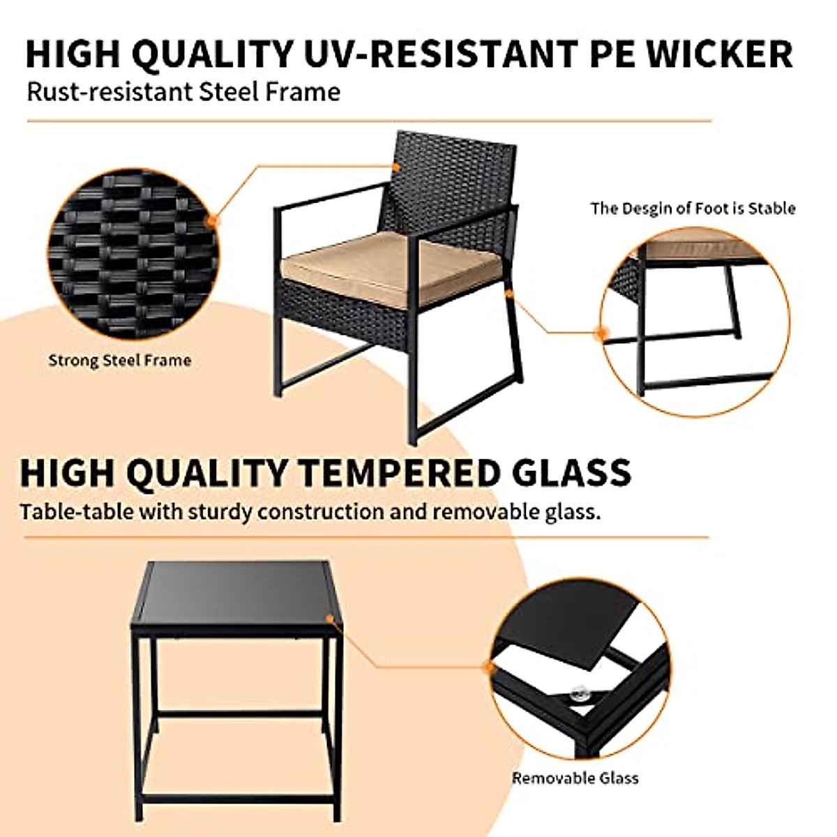 Aug-guan Patio Furniture Set,Wicker Bistro Set 3 Pieces Outdoor Furniture,Rattan Table and Patio Chairs Set for Balcony,Yard,Porch and Deck-red