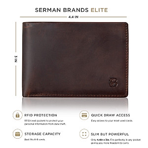 SERMAN BRANDS Mens Slim Bifold Wallet RFID Blocking Minimalist Front Pocket Full Grain Leather Wallets for Men - Thin & Stylish (Texas Brown Elite)