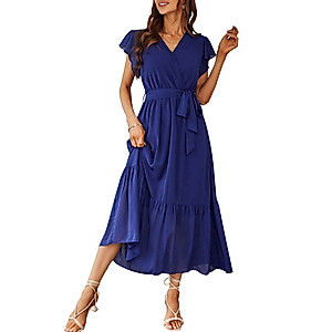 PRETTYGARDEN Women's 2024 Floral Boho Dress Wrap V Neck Short Sleeve Belted Ruffle Hem A-Line Flowy Maxi Dresses (Solid Blue,X-Large)