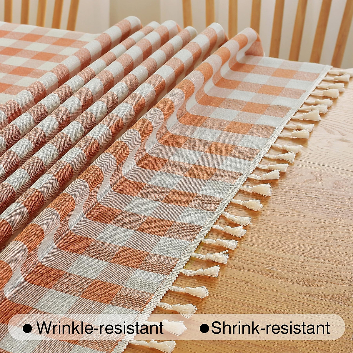 Alsoo Checkered Tablecloth Rectangle Cotton Linen Fabric Fall Gingham Table Cloth Heavy Duty Buffalo Plaid Table Cover with Tassel Washable for Kitchen Dining Holiday Party, Orange and White, 55X75''