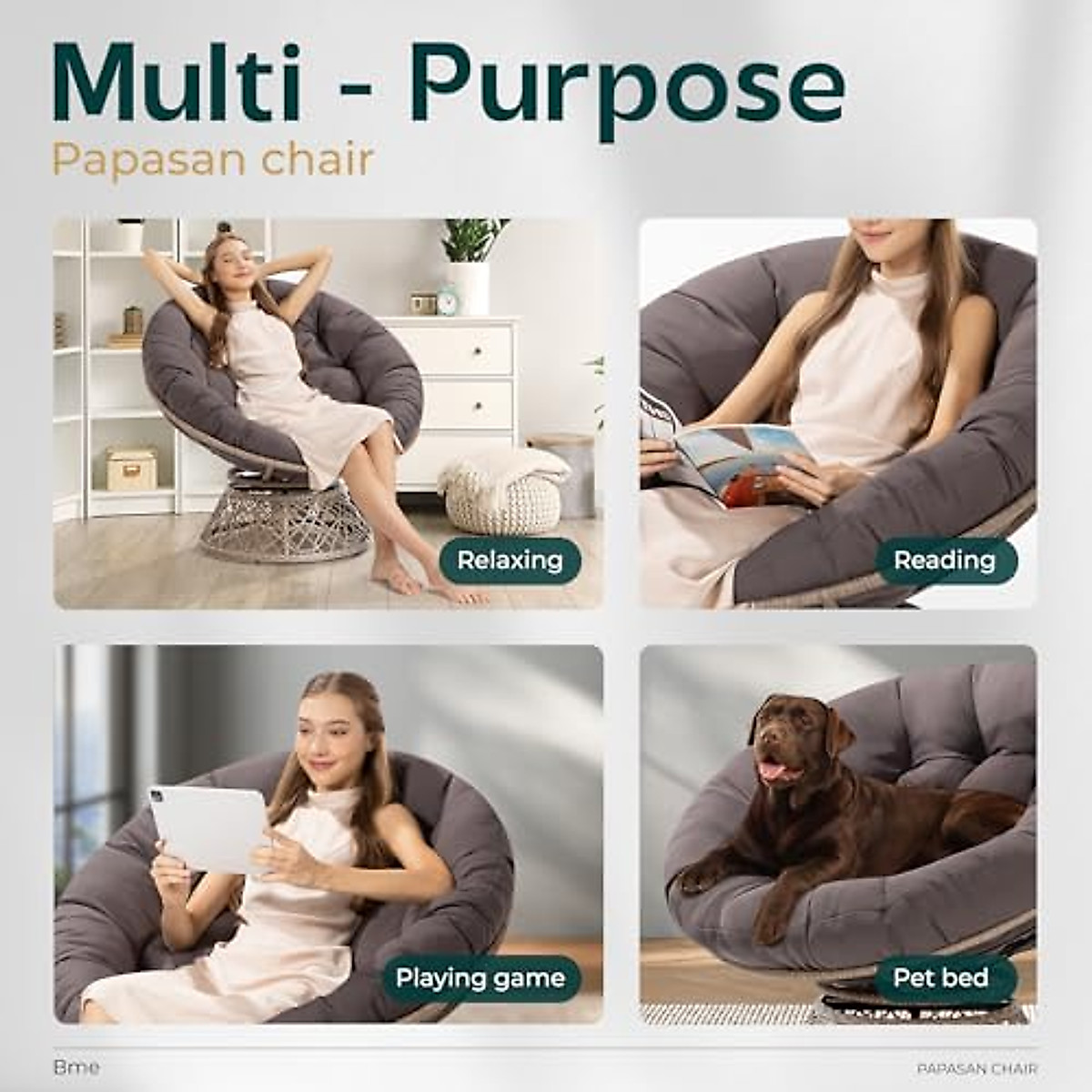 Bme 40" Ergonomic Wicker Papasan Chair with Soft Thick Density Fabric Cushion, High Capacity Steel Frame, 360 Degree Swivel for Living, Bedroom, Reading Room, Lounge